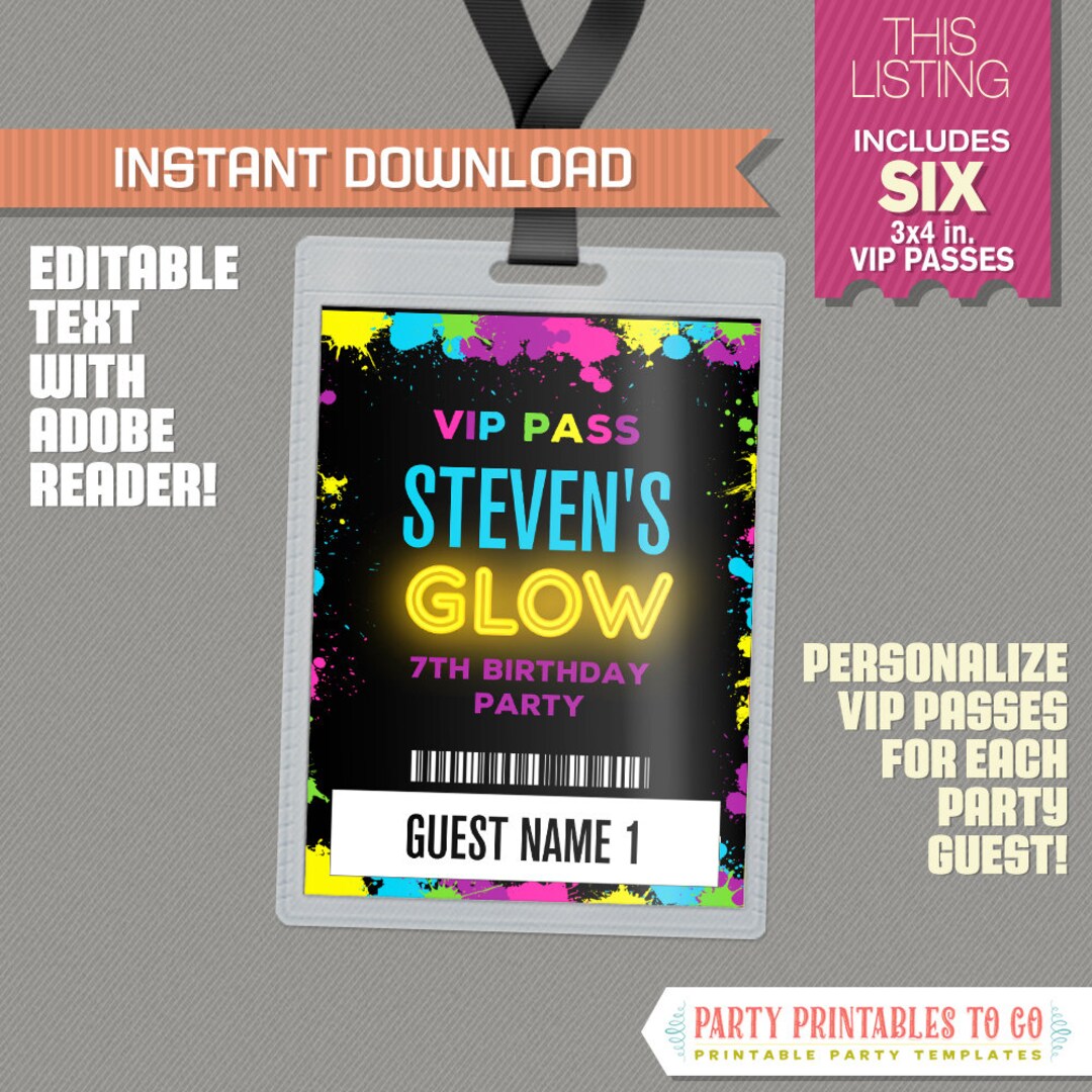 Neon Glow Party Pass Printable Insert - Neon Glow Party Vip Pass - Glow ...