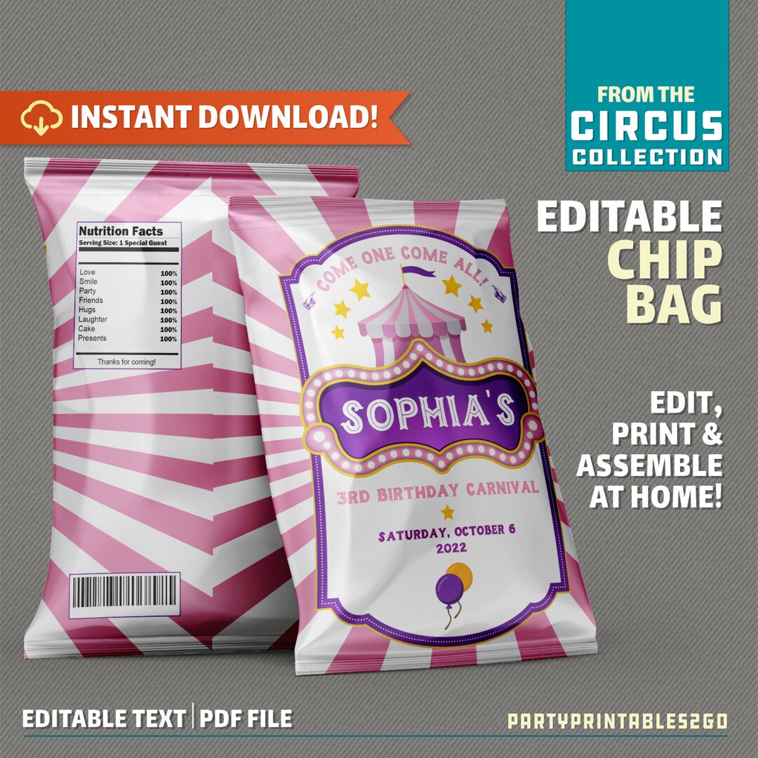 Circus Carnival Party Chip Bag - Edit and Print at Home With Adobe ...