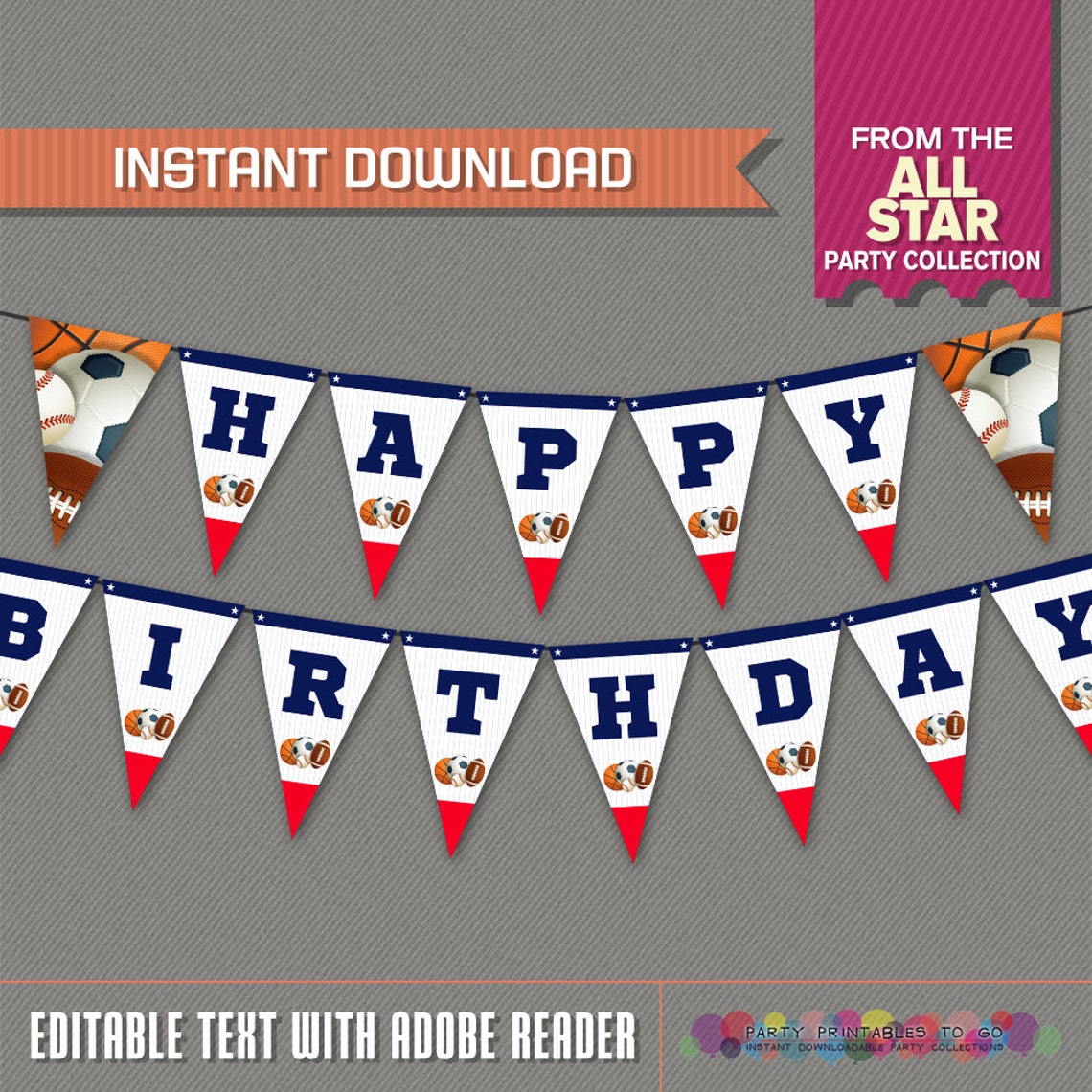 Sports Party Printable Birthday Banner With Spacers INSTANT - Etsy