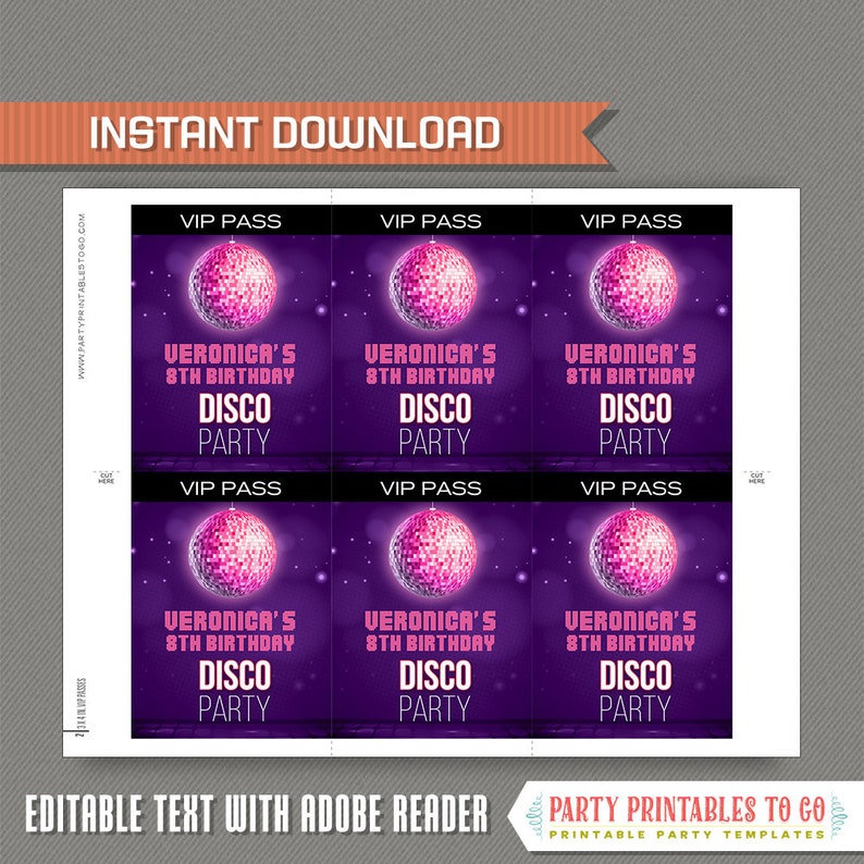 Disco Party Pass Printable Insert purple Disco Birthday - Etsy