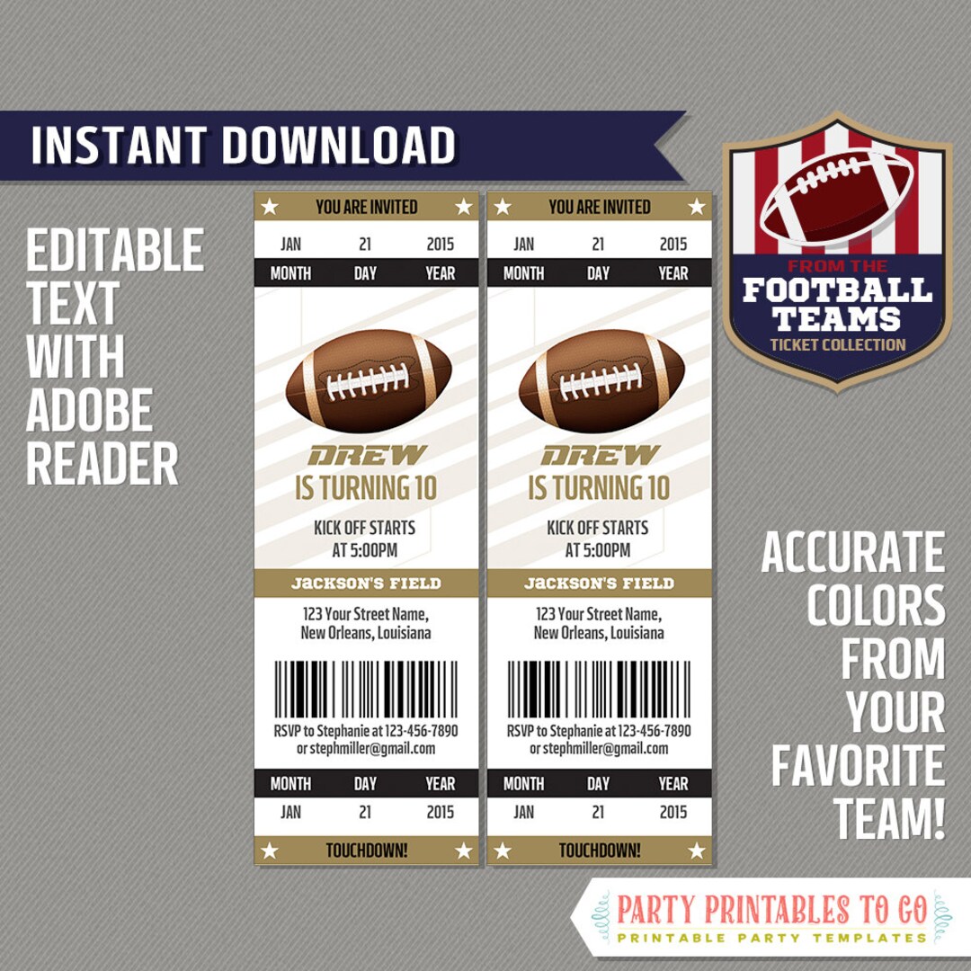 Football Ticket Invitation Template (gold and Black) - INSTANT DOWNLOAD ...