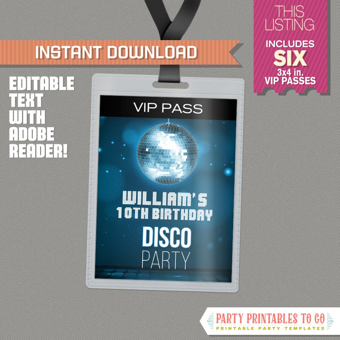 Disco Party Pass Printable Insert blue Disco Birthday - Etsy