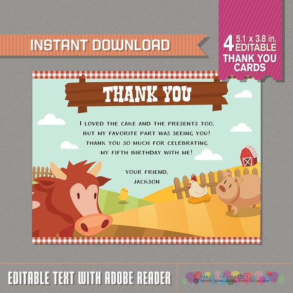Farm Birthday Party Thank You Card Barnyard Party Barnyard | Etsy