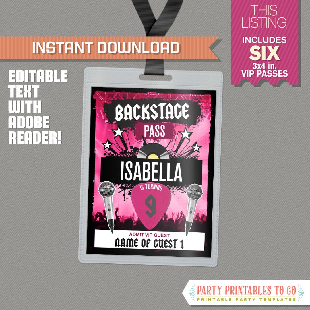 Rockstar Party Backstage Pass Printable Insert V2- Rockstar Birthday ...