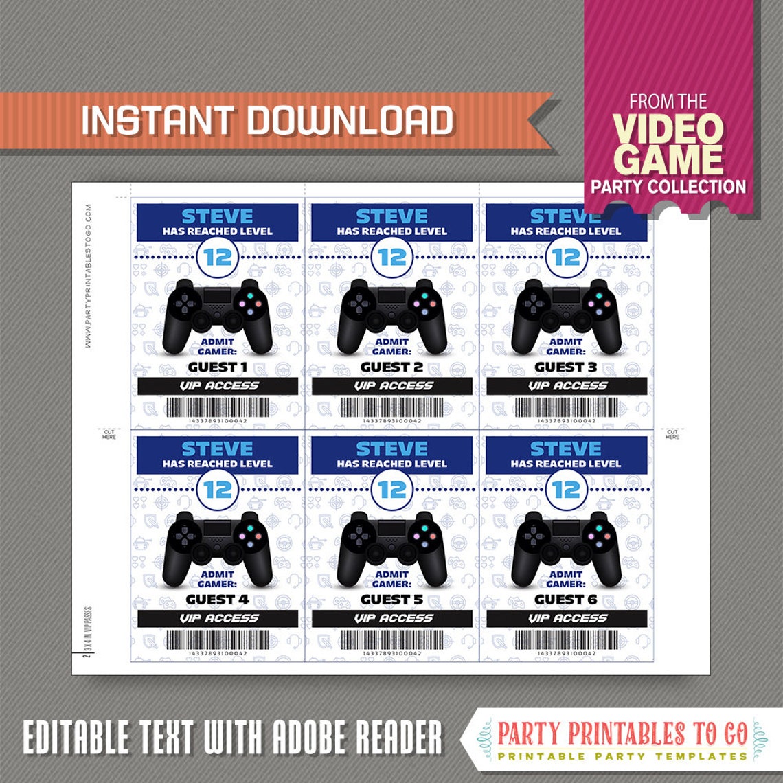 Video Game Party VIP Pass Printable Insert blue INSTANT - Etsy