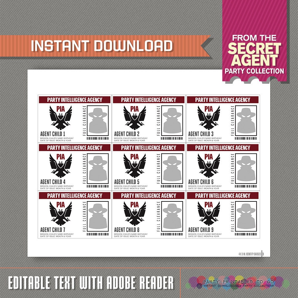 Secret Agent Badge Spy Birthday Party INSTANT DOWNLOAD | Etsy
