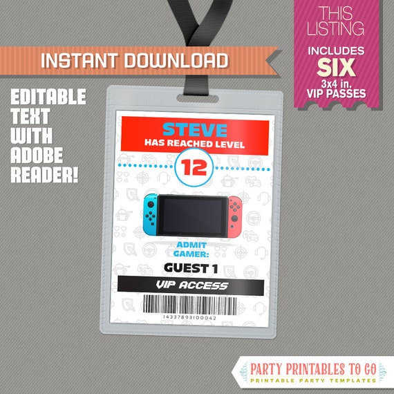 Video Game Party VIP Pass Printable Insert red INSTANT | Etsy