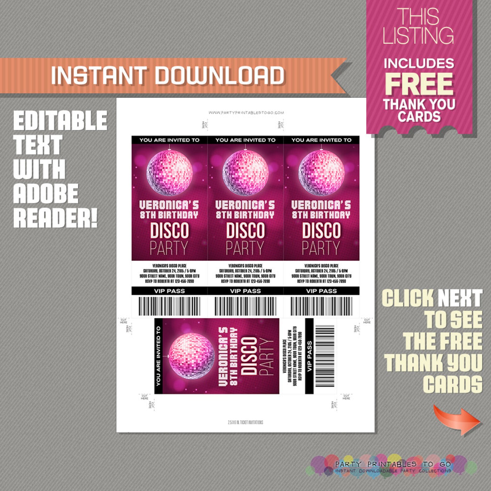 Disco Party Ticket Invitation With FREE Thank You Card - Etsy