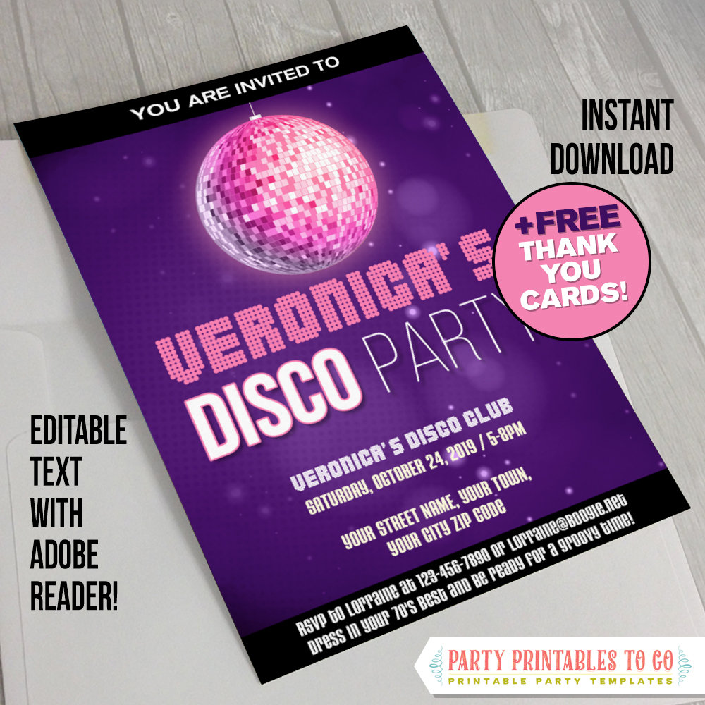 Disco Party Invitation with FREE Thank you Cards Purple | Etsy