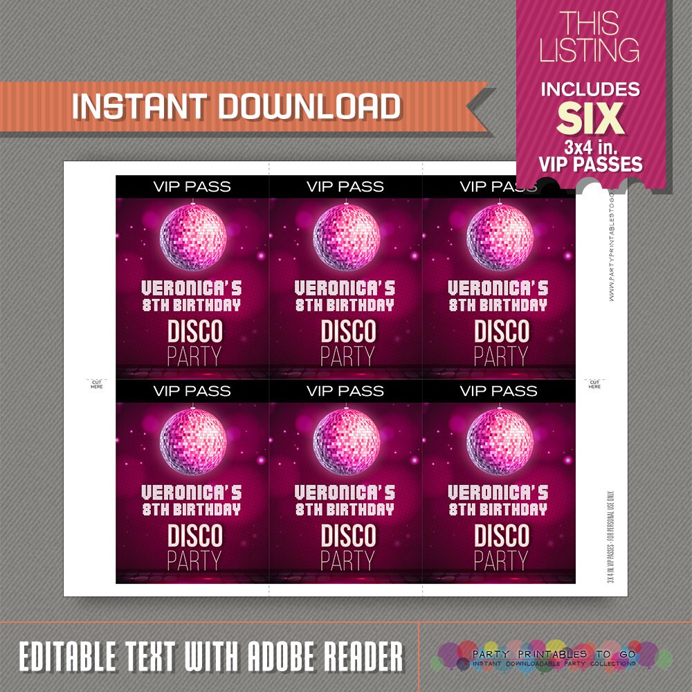Disco Party Pass Printable Insert Disco Birthday Disco - Etsy