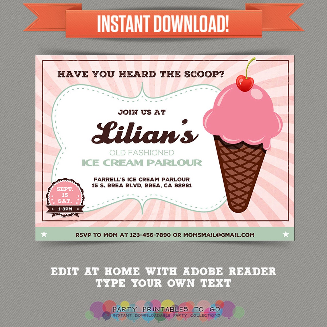 Ice Cream Parlour Party Printable Invitation Editable PDF - Etsy