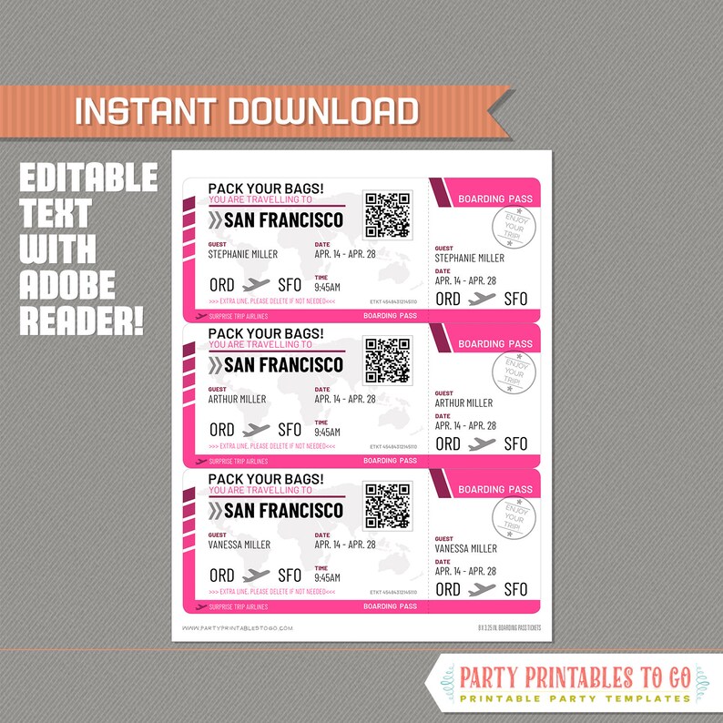 Editable Airplane Boarding Pass pink Surprise Trip Airline - Etsy