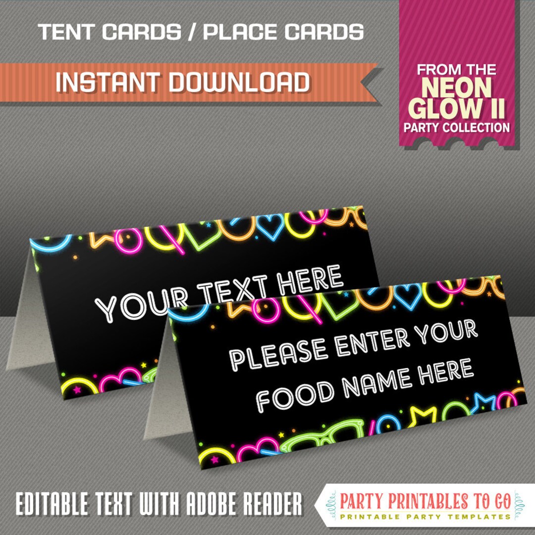 Neon Glow II Party Food Labels, Neon Glow Party Place Cards - INSTANT ...