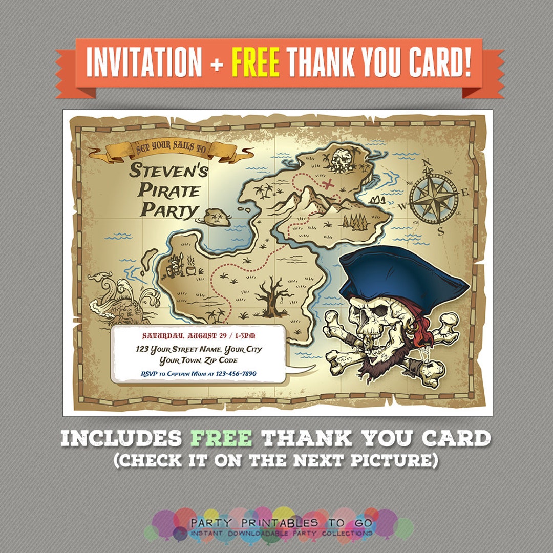 Pirate Map Birthday Party Printable Invitation With FREE Thank - Etsy