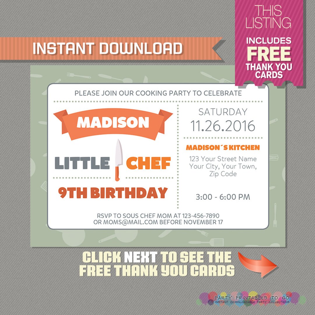 Little Chef Party Invitation With FREE Thank You Card! Little Chef ...