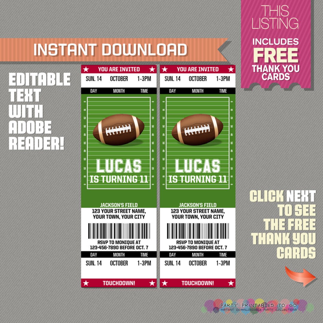 Football Ticket Invitation With FREE Thank You Card! - Football ...