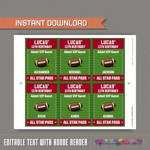 Football Party All Star Pass Printable Insert - Football Birthday ...