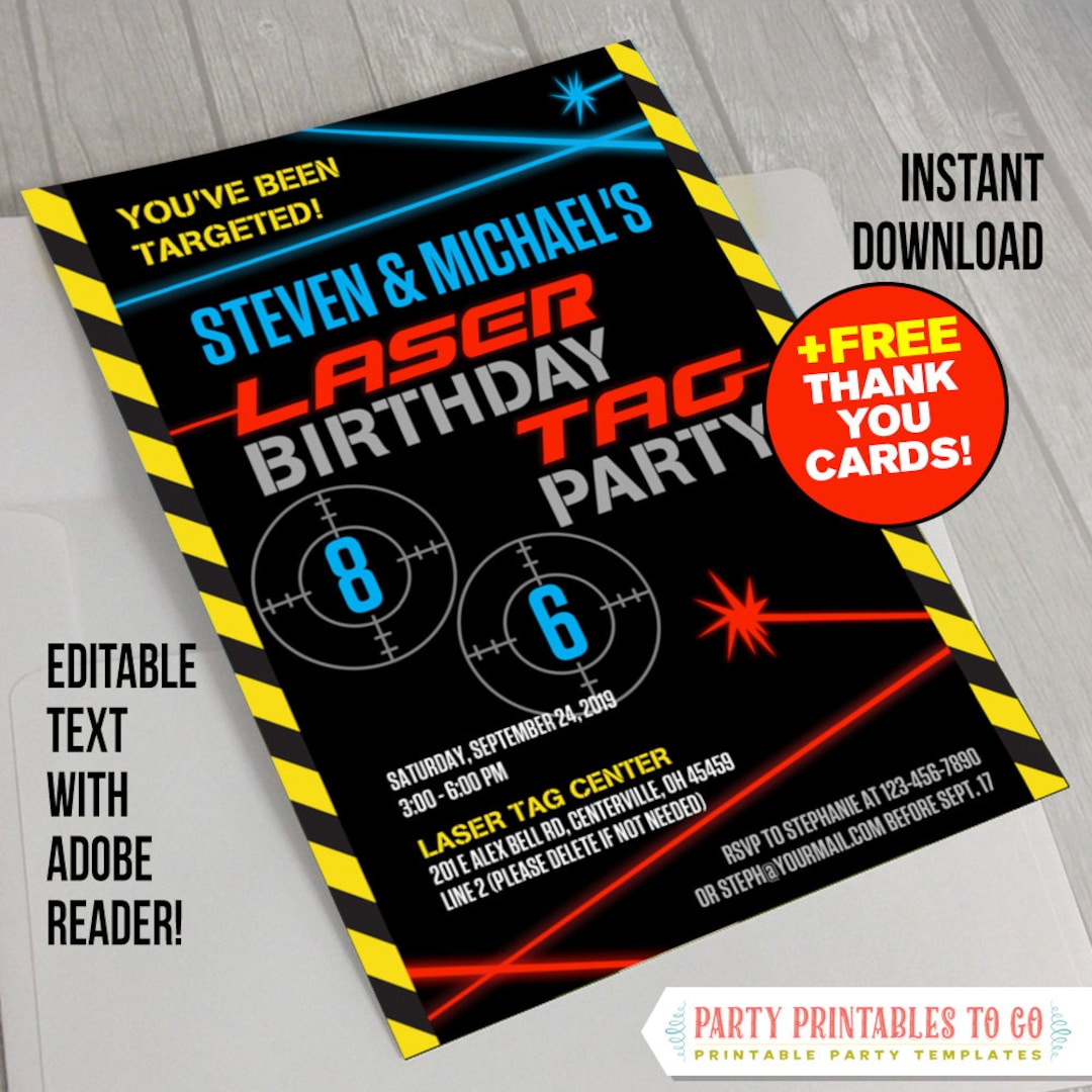 Laser Tag Invitation With FREE Thank You Card for Two Boys - Laser Tag ...