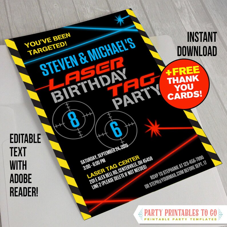Laser Tag Invitation With FREE Thank You Card for Two Boys - Laser Tag ...