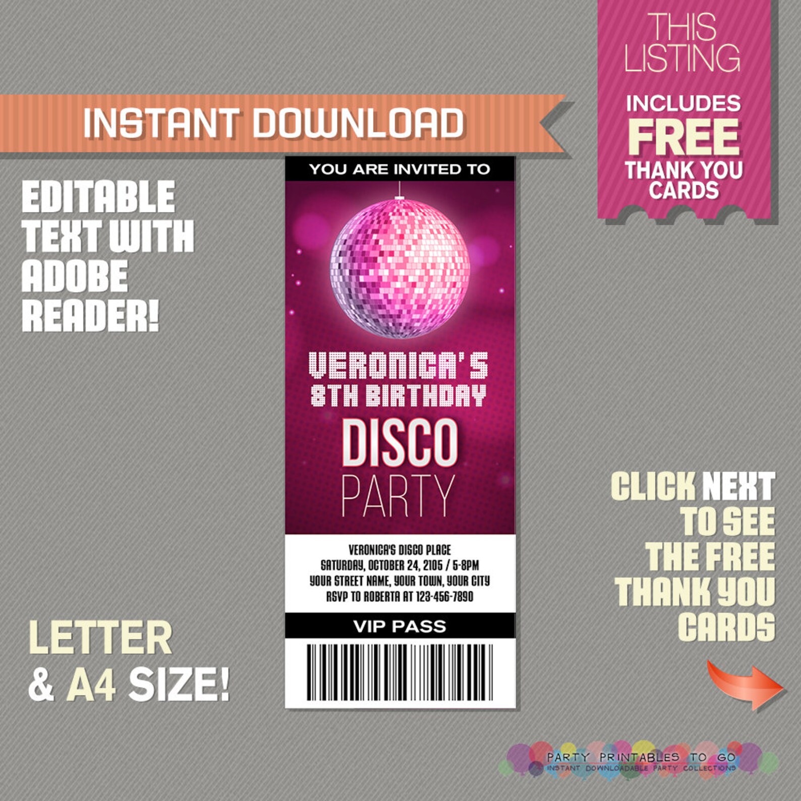 Disco Party Ticket Invitation With FREE Thank You Card - Etsy