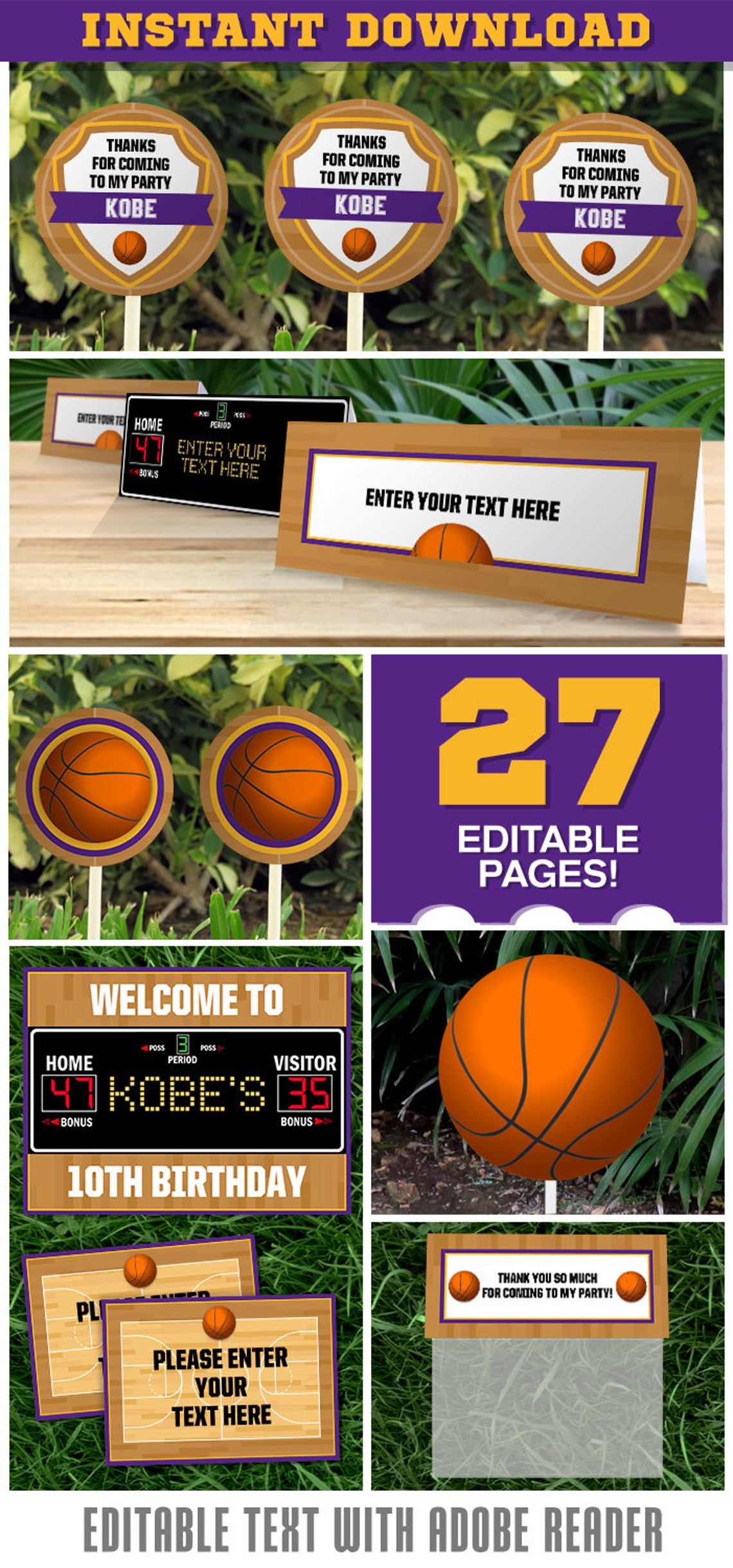 Basketball Invitation & Party Decorations Purple and Gold | Etsy