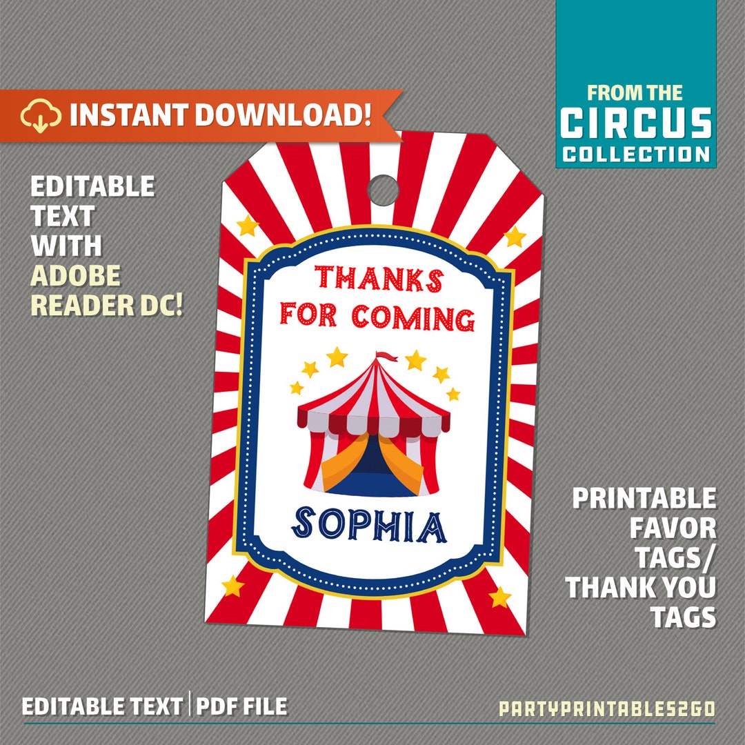 Circus Party Favor Tags / Carnival Thank You Tag INSTANT DOWNLOAD ...
