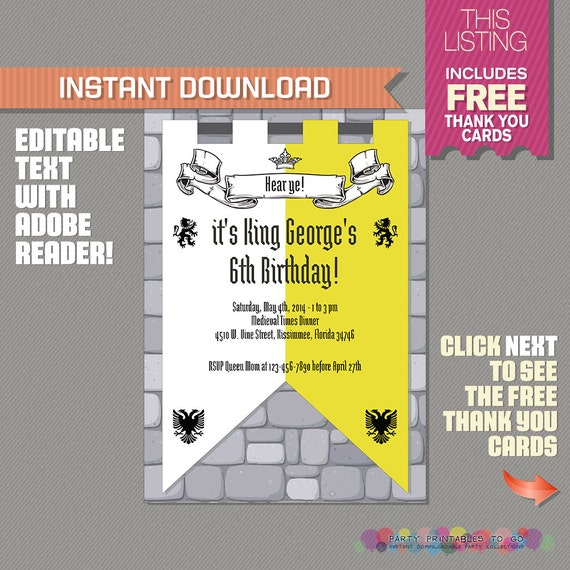 Medieval Knights Party Invitation with FREE Thank you Card! - Knights ...