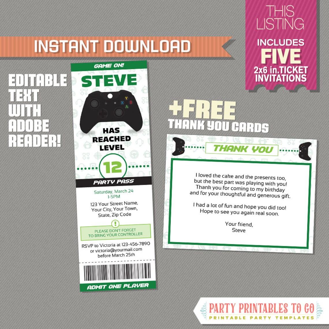 Video Game Ticket Invitation With FREE Thank You Card green - Etsy