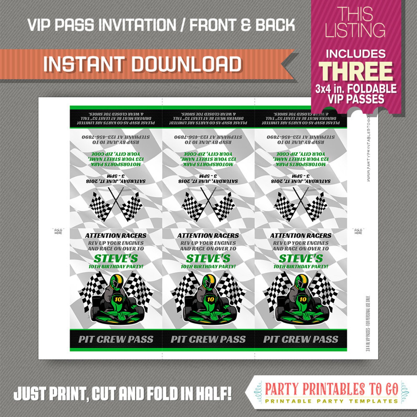 Go Kart Birthday Party VIP Pass Invitations green INSTANT | Etsy