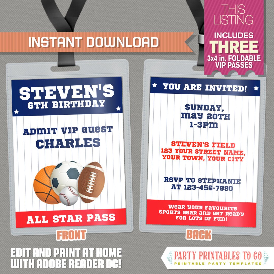 All Star Sports VIP Pass Birthday Party Invitations - INSTANT DOWNLOAD ...