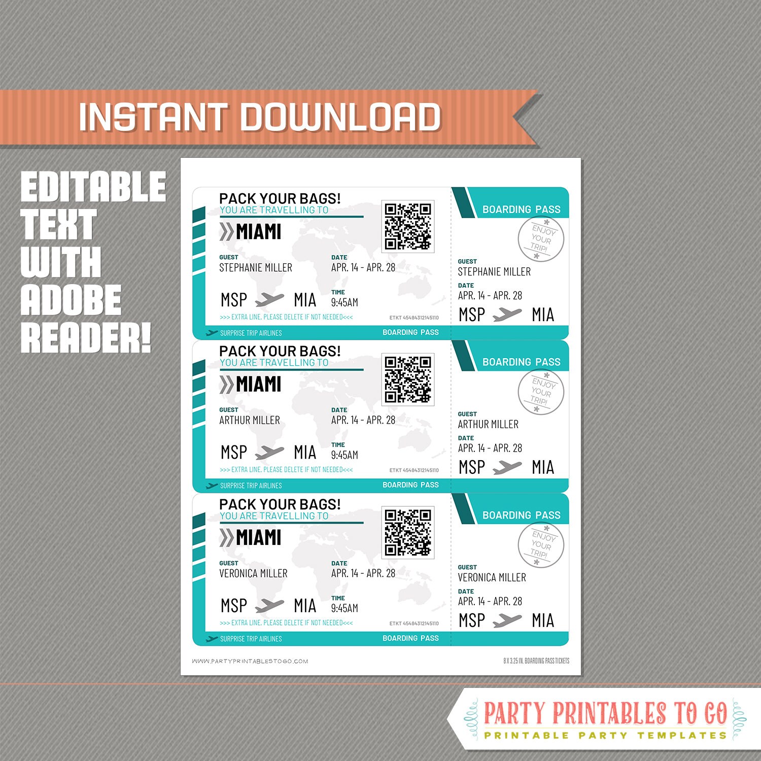 Editable Airplane Boarding Pass teal Surprise Trip Airline - Etsy