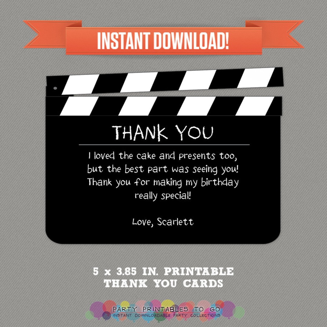 Movie Party Thank You Cards / Movie Night Thank You Tag - Instant ...