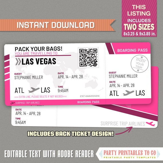 Editable Airplane Boarding Pass (Pink) Surprise Trip Airline Ticket ...