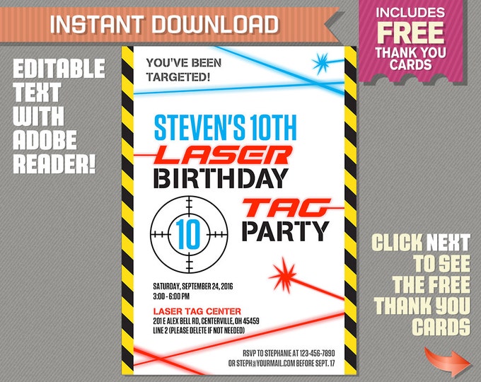 INSTANT DOWNLOAD Laser Tag Party Invitation, 5x7 or 4x6. Thank You Tags ...