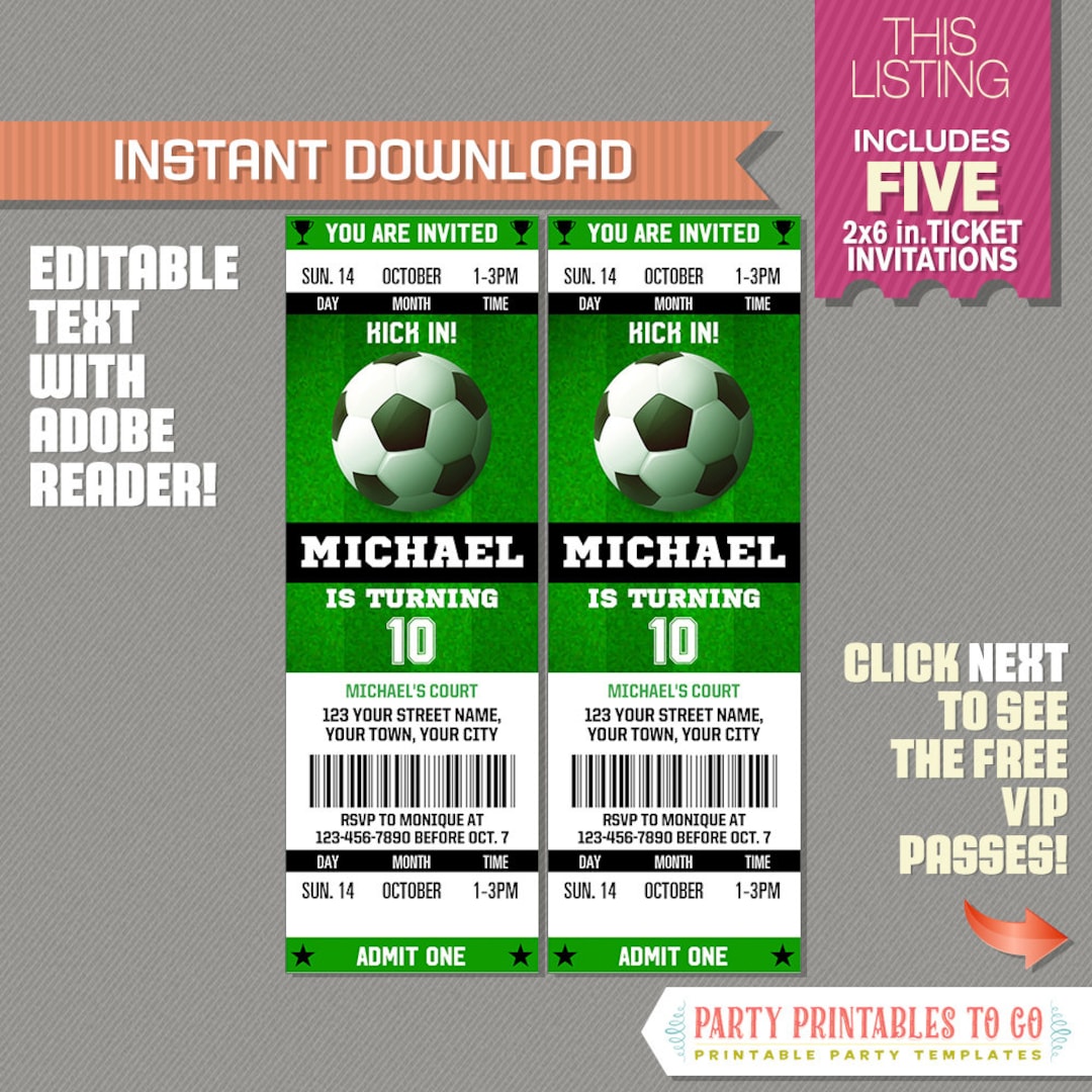 Soccer Ticket Invitation With FREE VIP Passes! (design 2) - Soccer ...