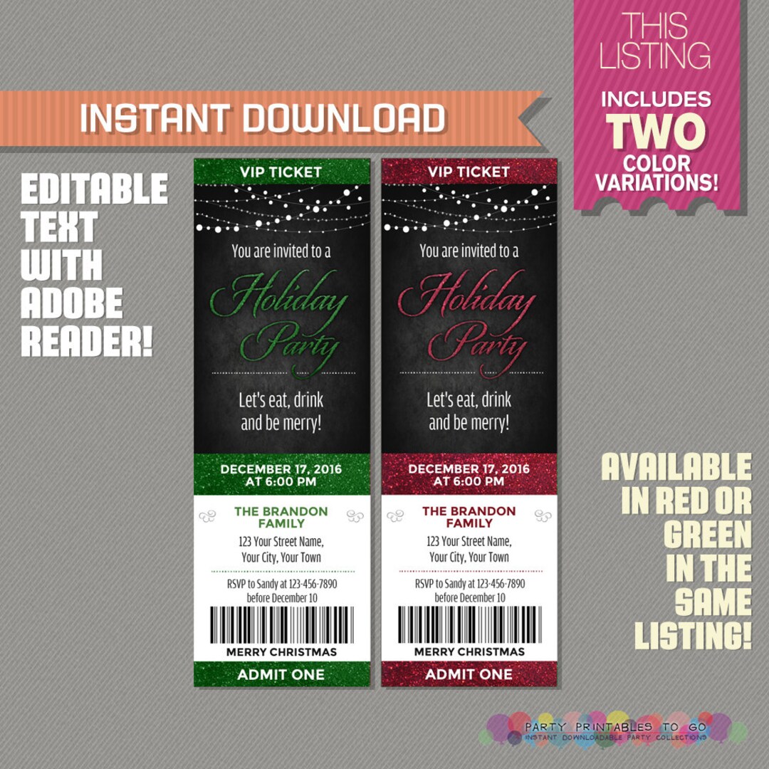 Holiday Party Ticket Invitation INSTANT DOWNLOAD Christmas or New Years ...