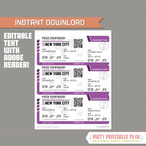 Editable Airplane Boarding Pass (purple) Surprise Trip Airline Ticket ...