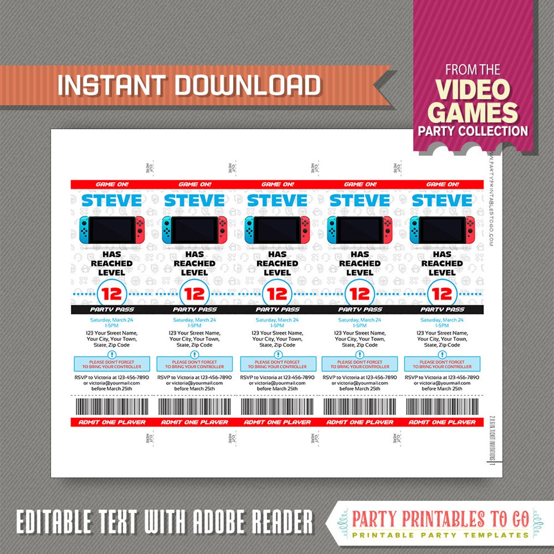 Video Game Ticket Invitation With FREE Thank You Card red - Etsy