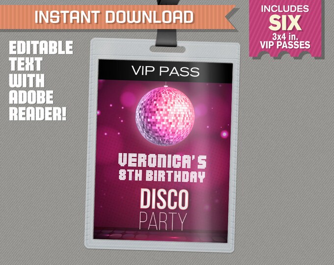 Disco Party VIP Pass, Dance Party Backstage Pass Badge, Girl Disco ...