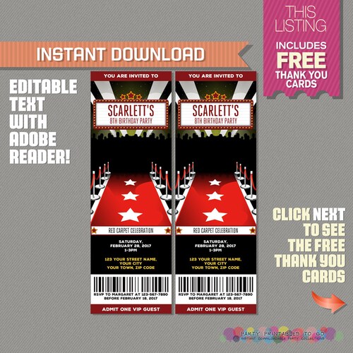 Red Carpet Party Ticket Invitation With FREE Thank You Card - Etsy