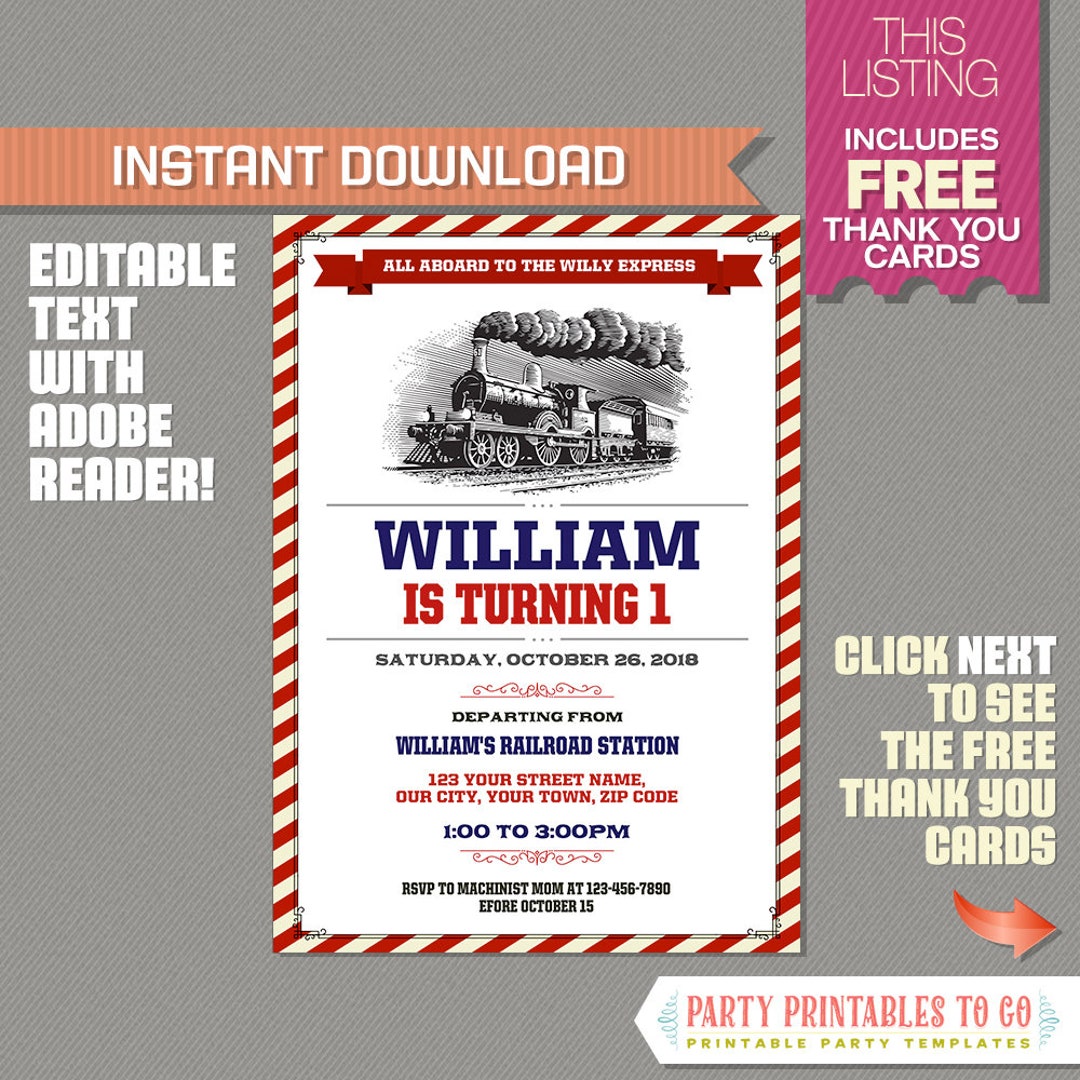 Train Party Invitation With FREE Thank You Cards! Train Invitation ...