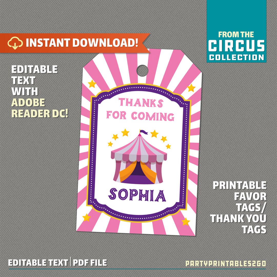 Circus Party Favor Tags / Carnival Thank You Tag - INSTANT DOWNLOAD ...