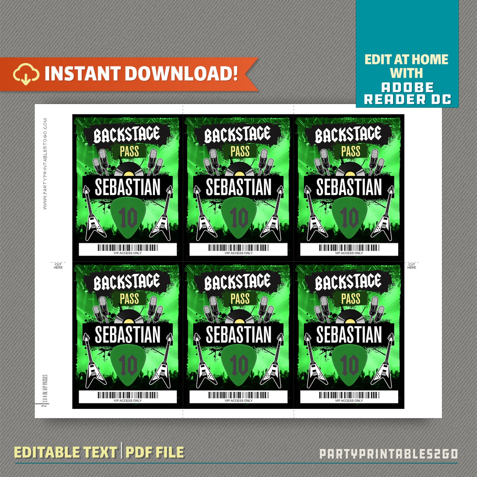 Rockstar Party Backstage Pass Printable Insert green - Etsy