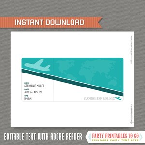 Editable Airplane Boarding Pass (teal) Surprise Trip Airline Ticket ...