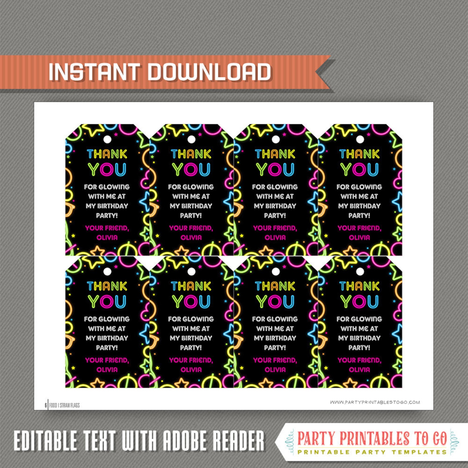 Neon Glow II Party Favor Tag Neon Glow Party Thank You Tag - Etsy