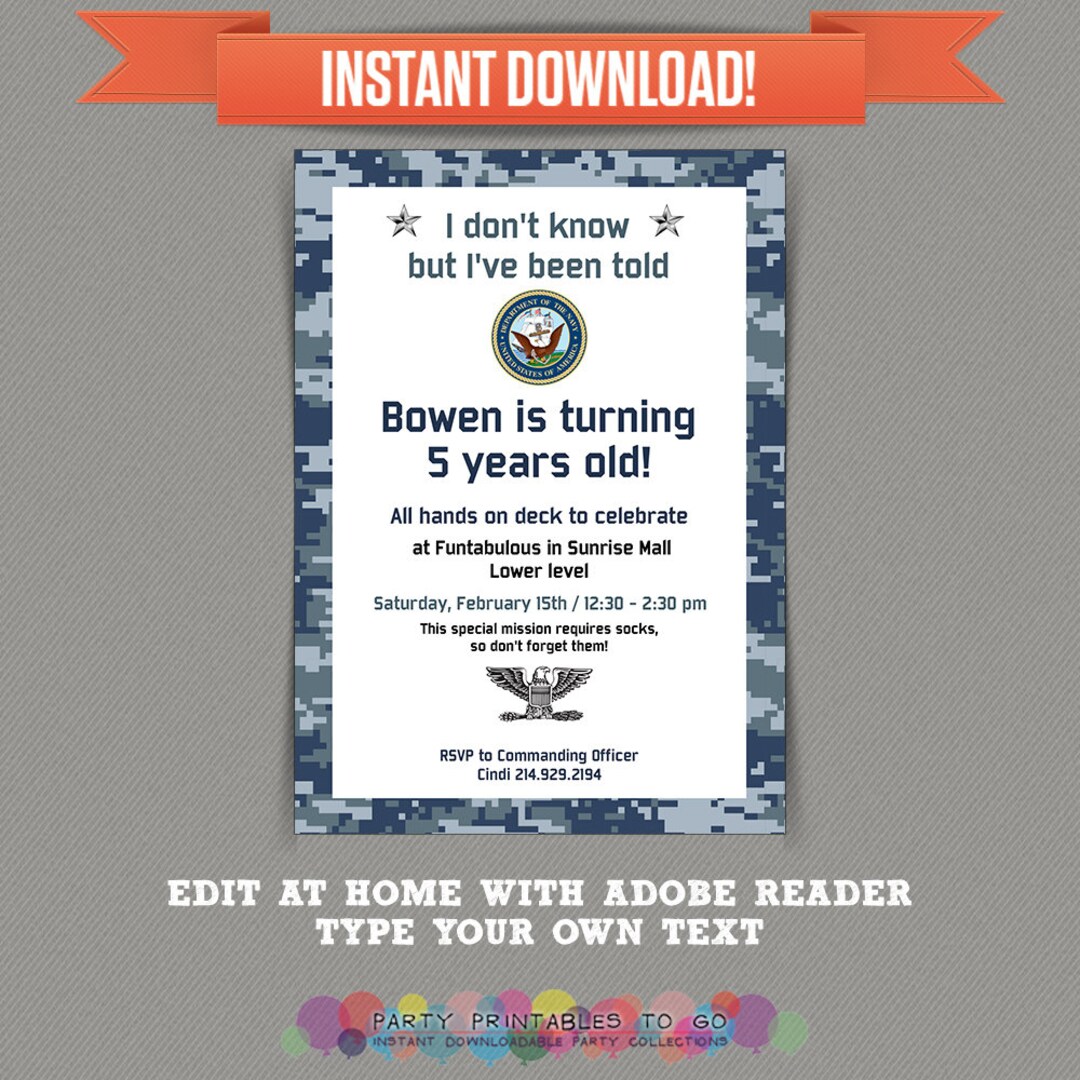 Navy Printable Birthday Party Invitation - Editable PDF File - Print at ...