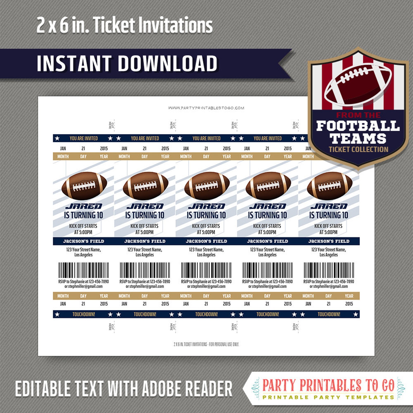 Football Ticket Invitation Template blue and Gold INSTANT - Etsy