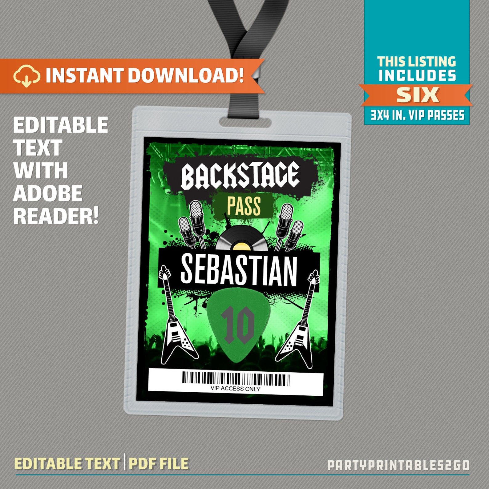 Rockstar Party Backstage Pass Printable Insert green - Etsy