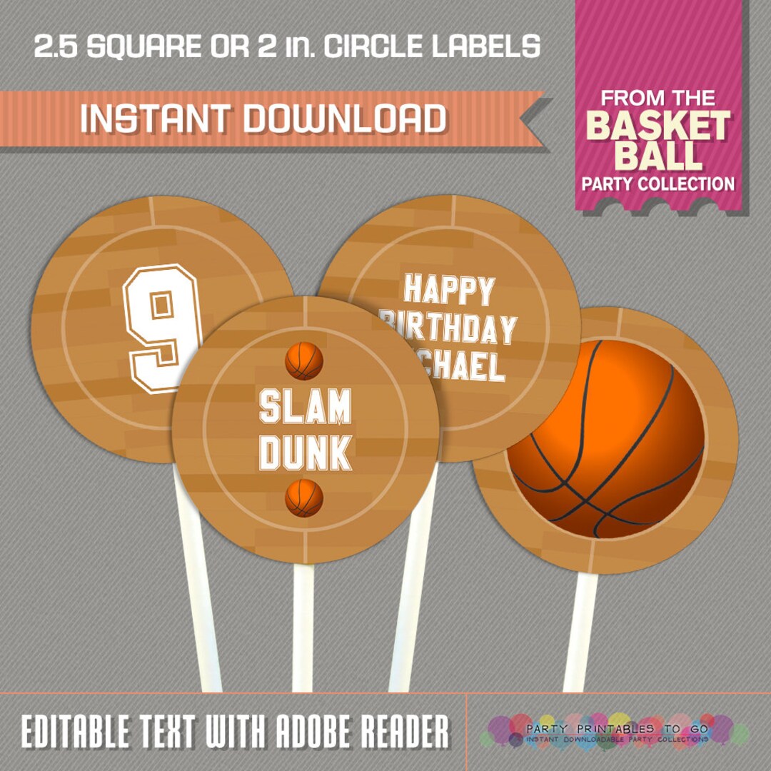 Basketball Party Printable Birthday Labels Editable PDF File - Etsy