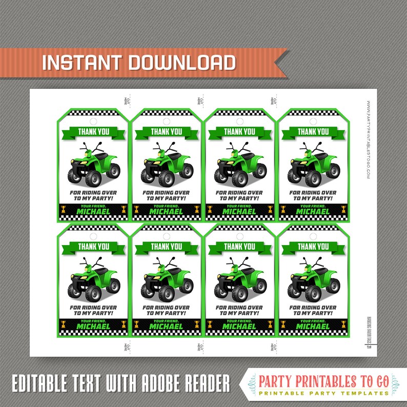 ATV Party Favor Tag / ATV Thank You Tag (green) - 4 Wheeler Birthday ...